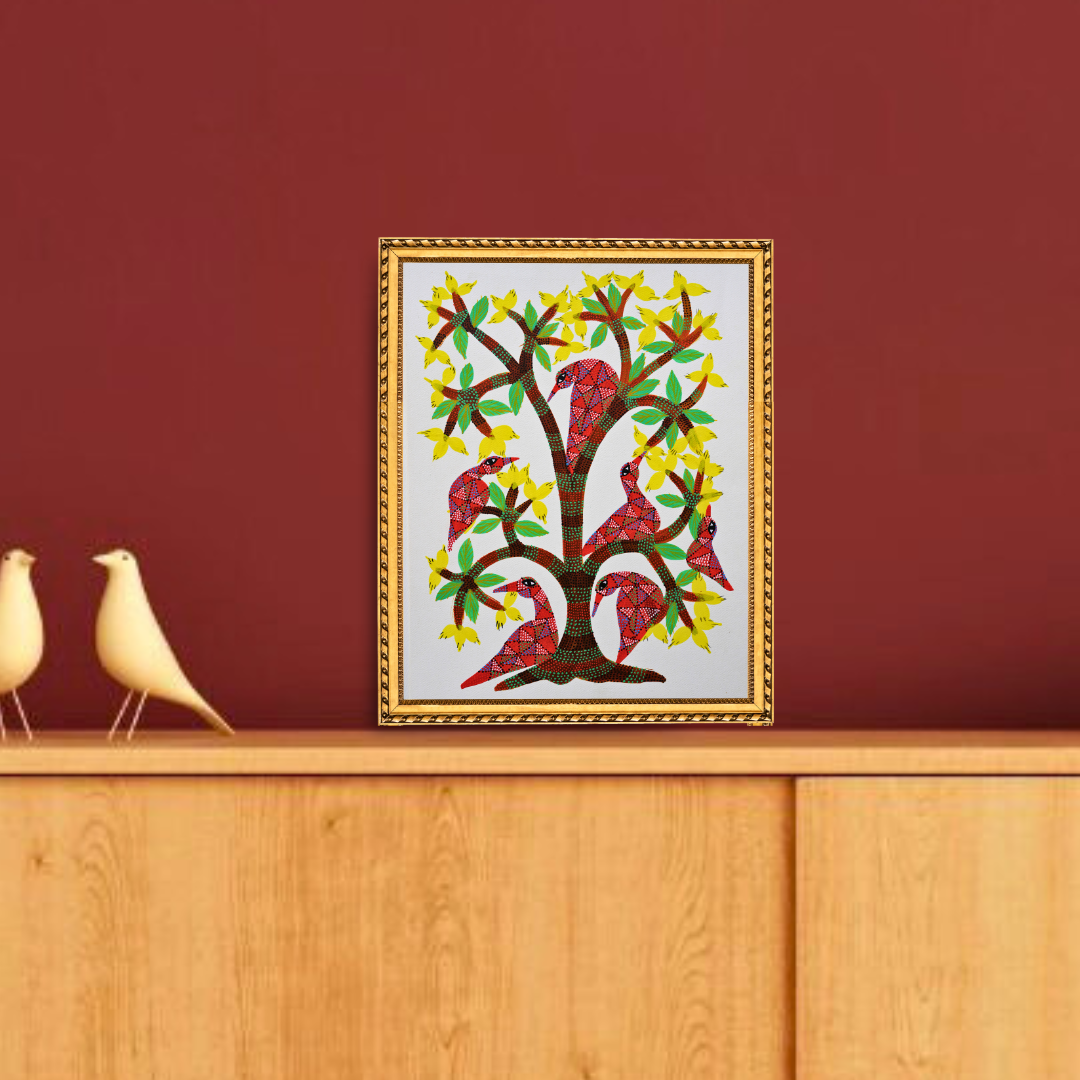Buy Birds on Mahua Tree Painting Online | Bhil Art Painting at Best ...
