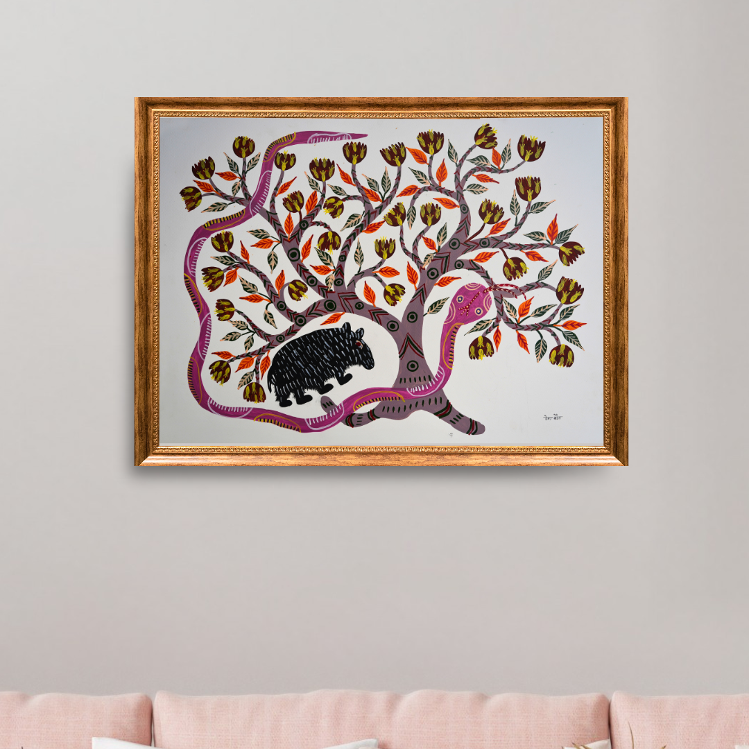 Buy Bear and Snake Under Mahua Tree Painting Online | Baiga Art ...