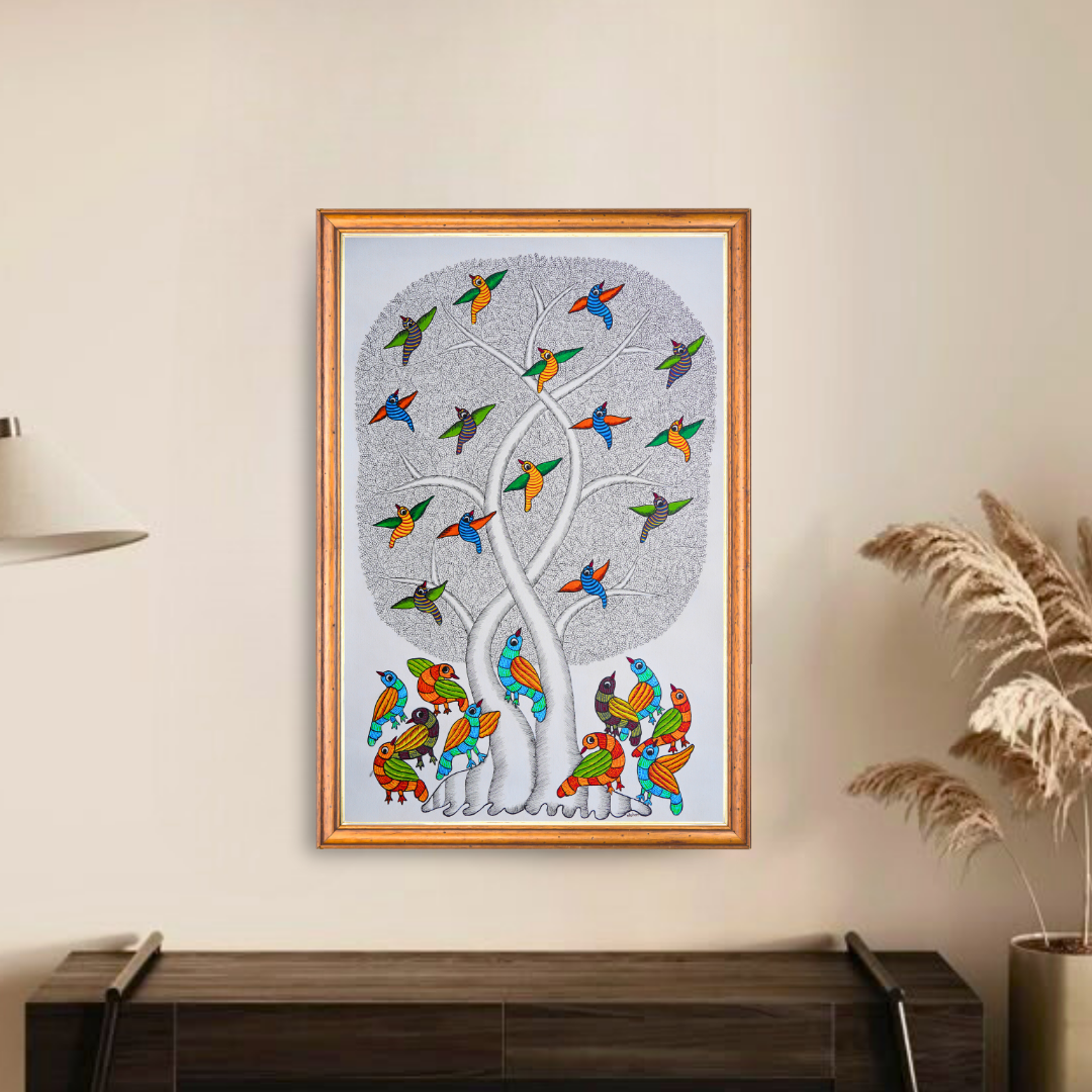 Buy Birds on the Entwined Trees Painting Online | Gond Art Painting at ...